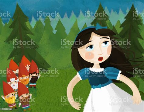 일부 난쟁이 그림 근처 숲에서 만화 공주 땋은 머리에 대한 스톡 벡터 아트 및 기타 이미지 땋은 머리 고풍스런 공주