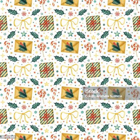 수채화 전통적인 크리스마스 요소 원활한 패턴 공예 편지 봉투 선물 상자 과자 홀리 별 디자인 프린트를 위한 홀리데이 핸드 그린 배경 0명에 대한 스톡 벡터 아트 및 기타