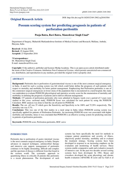 Pdf Possum Scoring System For Predicting Prognosis In Patients Of Perforation Peritonitis
