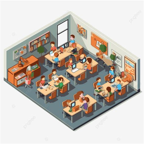 데스크톱 컴퓨터 만화가 있는 교실의 교실 센터 클립 아트 아이소메트릭 평면 그림 벡터 교실 센터 클립 아트 만화 Png