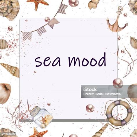 해양 테마 카드 조개껍데기 해초 구명 부표 로프 깃발 불가사리 진주 닻 수채화 그림입니다 프레임 라일락 색상 초대장 엽서 여행 목록 로고 여행사 걸이 장비에 대한 스톡 벡터