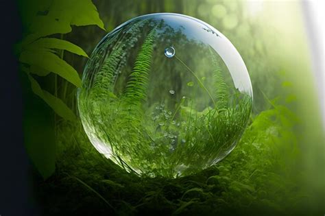 premium ai image crystal ball on green grass with reflection of green