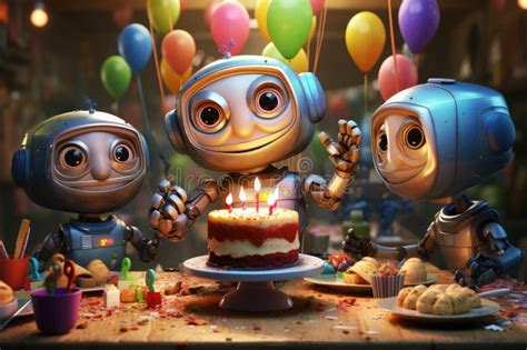 Süße Roboter Feiern Party Mit Kuchen Und Ballons Lustiges Geburtstagsthema Mit Robotern Stock