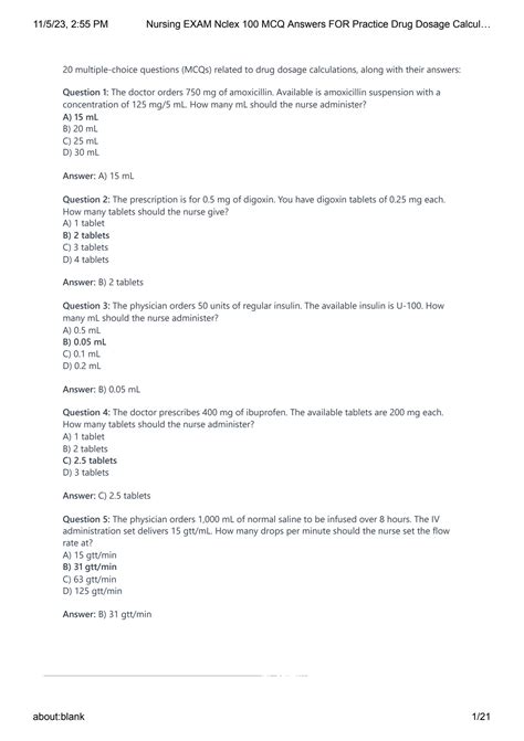 Solution Nursing Exam Nclex 100 Mcq Answers For Practice Drug Dosage Calculation Practice