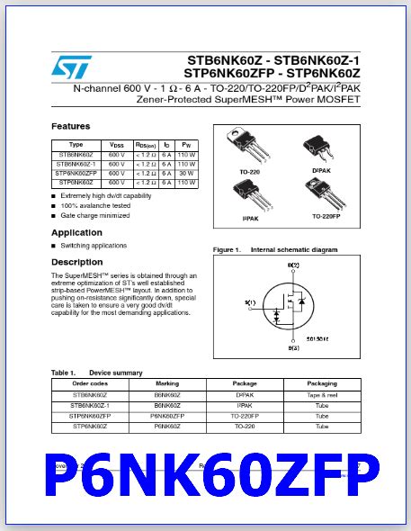 P6NK60ZFP Transistor - 600V, 6A, MOSFET ( STP6NK60ZFP )