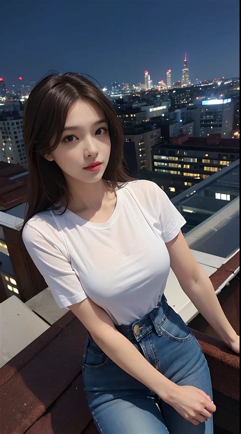 흰색 셔츠와 청바지를 입은 여성이 발코니에 앉아 있다 SeaArt AI