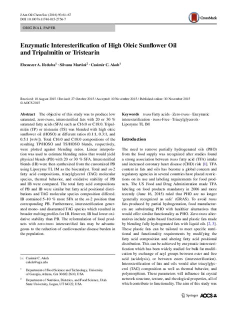 Pdf Enzymatic Interesterification Of High Oleic Sunflower Oil And