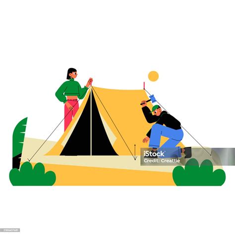 야외 모험 여행 그리고 팀워크를 상징하는 평면 벡터 일러스트 레이 션에서 캠핑 텐트를 설정하는 커플 흰색 배경에 고립되어 있습니다 관광객에 대한 스톡 벡터 아트 및 기타
