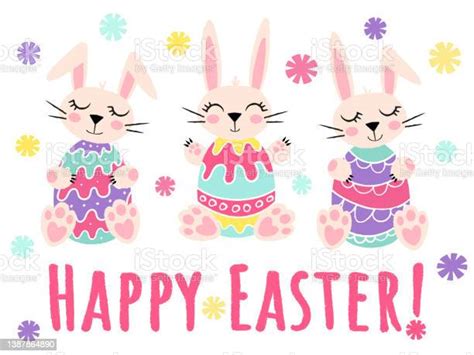 화려한 부활절 달걀 귀여운 만화 토끼 전통적인 인사말 카드와 포스터를 위한 연필 질감의 어린이 그림 비문과 밝은 색상의 벡터 수평 그림 4월에 대한 스톡 벡터 아트 및 기타