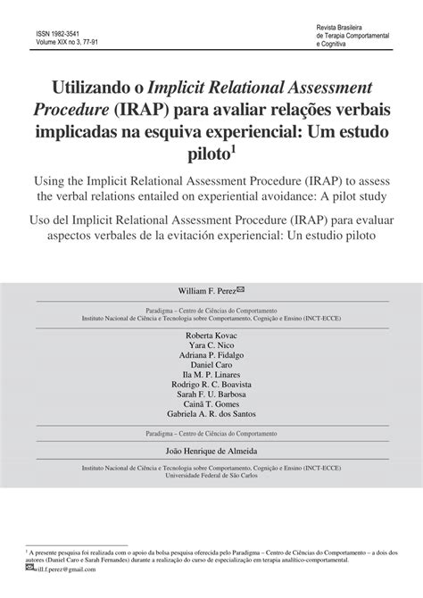 Pdf Utilizando O Implicit Relational Assessment Procedure Irap Para