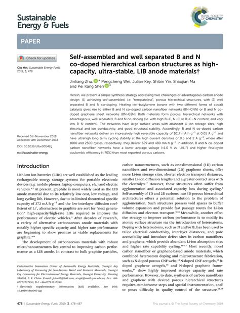 Pdf Self Assembled And Well Separated B And N Co Doped Hierarchical Carbon Structures As High