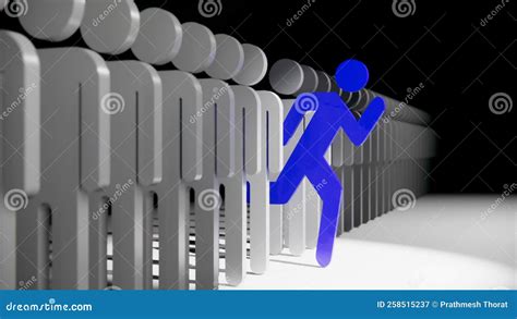 Human 3d Blue Stick Figure Standing Out From Crowd 3d Illustration