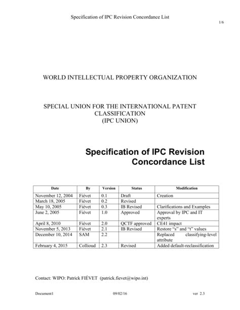 Specification Of Ipc Revision Concordance List
