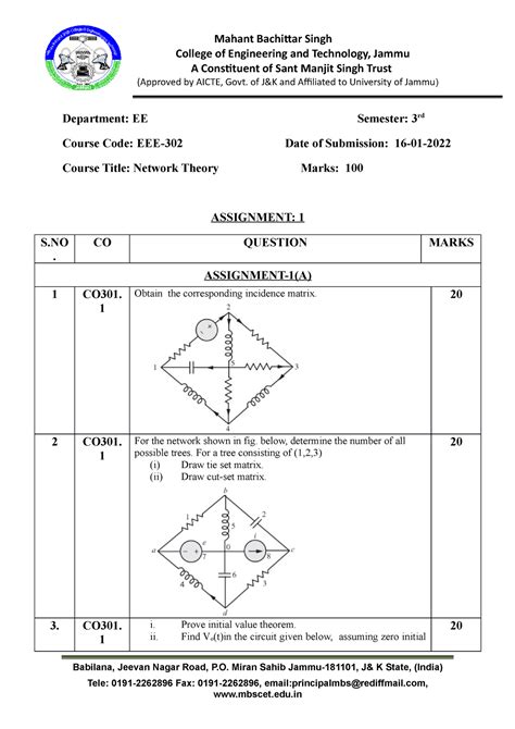 1st Assignment Network Theory Eec302 Mahant Bachittar Singh College