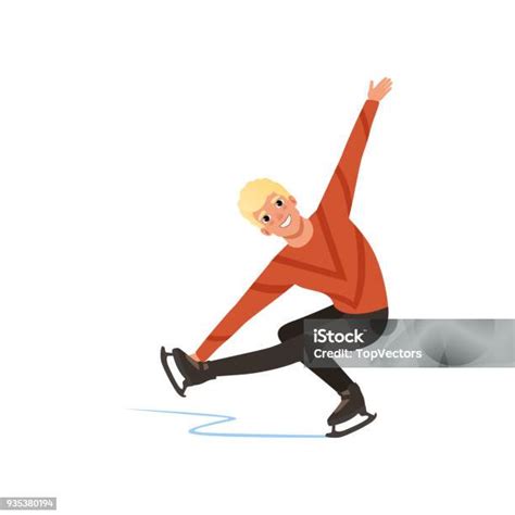 젊은 그림 스케이팅 남자 스케이트 실내 스케이트 링크 벡터 일러스트 레이 션에 흰색 배경에서 연습 하는 남자 선수 공연에 대한