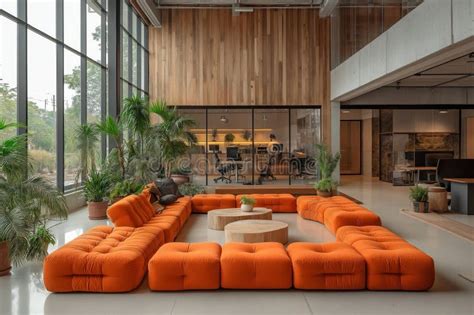 Modern Coworking Space Features Orange Modular Furniture Flexible Seating Arrangement Creates