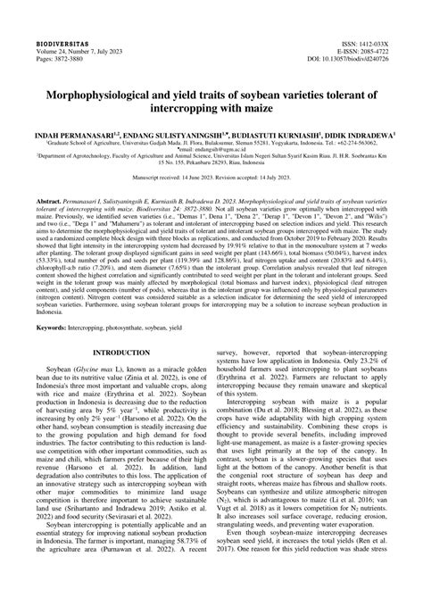 Pdf Morphophysiological And Yield Traits Of Soybean Varieties Tolerant Of Intercropping With Maize
