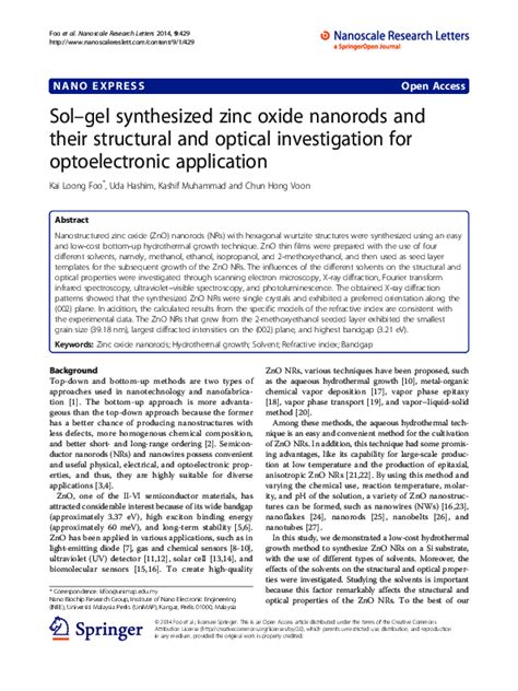 Pdf Sol Gel Synthesized Zinc Oxide Nanorods And Their Structural And