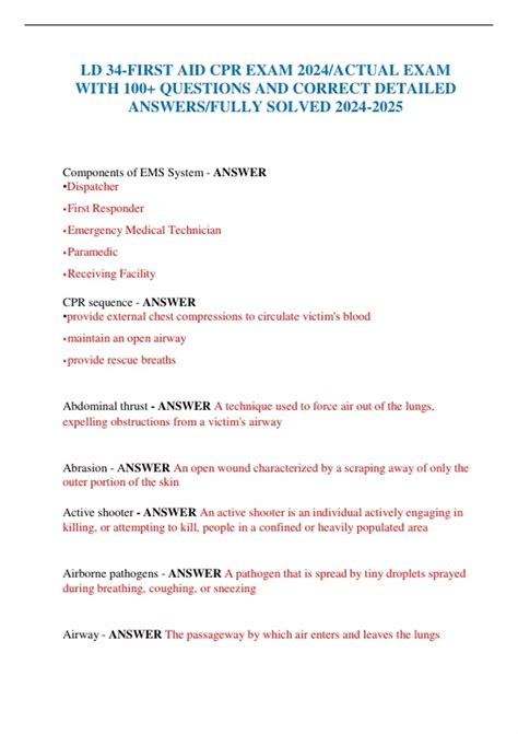 Ld 34 First Aid Cpr Exam 2024actual Exam With 100 Questions And