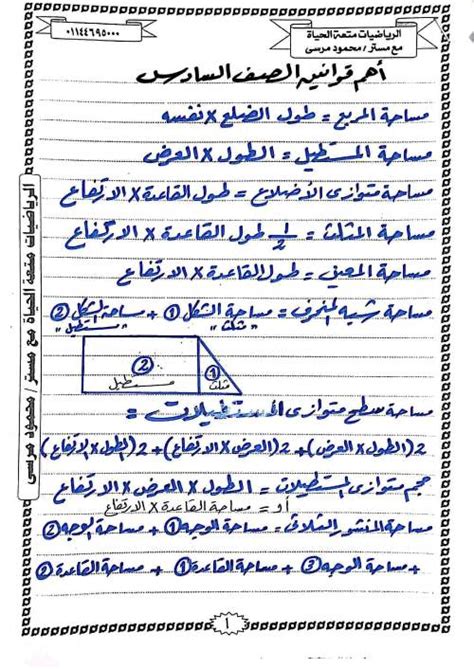 مذكرة فى مادة الرياضيات الصف السادس الابتدائى مدرس اول