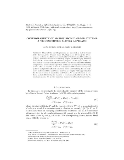 Pdf Controllability Of Matrix Second Order Systems