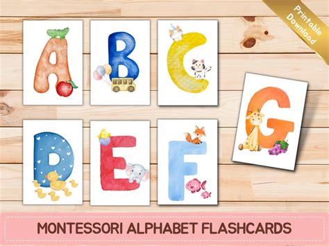 Montessori Alphabet Flashcards Printable Watercolor Abc Etsy