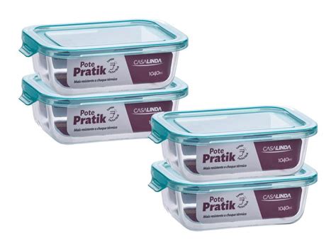 Kit Jogo 4 Potes De Vidro Marmita Retangular Tampa 1040ml Pratik