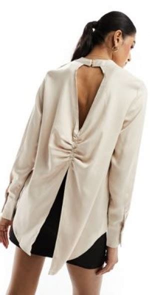 Vila Satin High Neck Blouse With Open Ruched Back In Beige Neutral