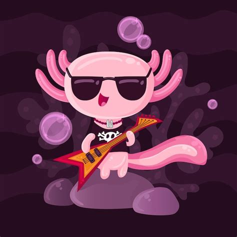 일렉트릭 기타와 함께 귀여운 귀여운 재미있는 만화 로커 Axolotl 프리미엄 벡터