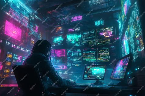 Hacker In A Neonlit Room With Multiple Monitors Displaying Code Premium Ai Generated Image