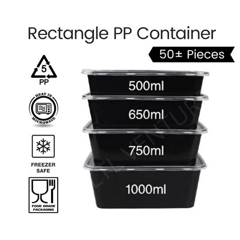 50pcs Pp Black Rectangular Rectangle Plastic Container With Lids Disposable Food Packaging