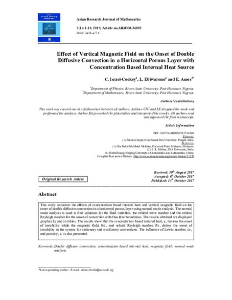 Pdf Effect Of Vertical Magnetic Field On The Onset Of Double Diffusive Convection In A