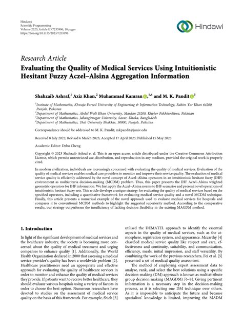 Pdf Evaluating The Quality Of Medical Services Using Intuitionistic Hesitant Fuzzy Aczel