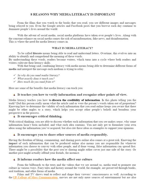 2019 Media Unit 1 8 Reasons Why Media Literacy Is Important 6 Pdf