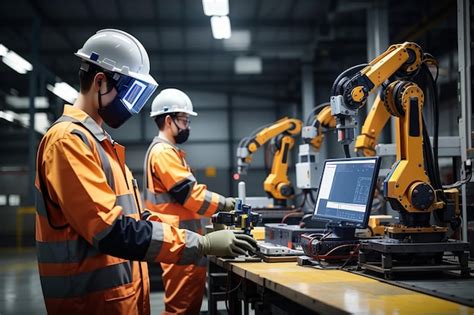 Premium Ai Image Engineer Manager Checking And Controling Automation Robot Arms Machine In