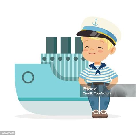 작은 소년 캐릭터 옆에 서 있는 선원 의상을 입고 웃는 귀여운 파란색 배 다채로운 벡터 일러스트 레이 션 귀여운에 대한 스톡 벡터 아트 및 기타 이미지 Istock