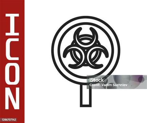 흰색 배경에 격리 된 검은 줄 바이오 해저드 및 돋보기 아이콘 벡터 0명에 대한 스톡 벡터 아트 및 기타 이미지 0명