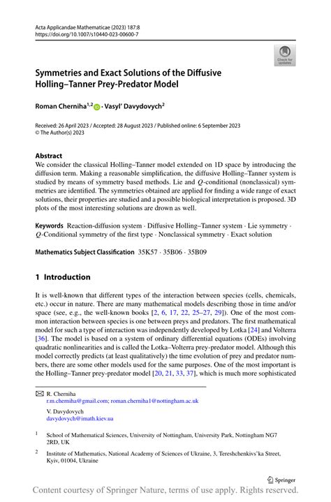 Pdf Symmetries And Exact Solutions Of The Diffusive Hollingtanner Prey Predator Model
