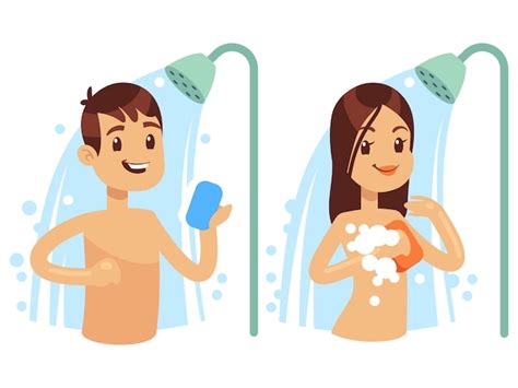Personaje De Dibujos Animados Hombre Y Mujer Tomando Una Ducha Vector