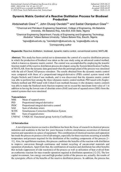 Dynamic Matrix Control Of A Reactive Distillation Process For Biodiesel Production Scientificnet