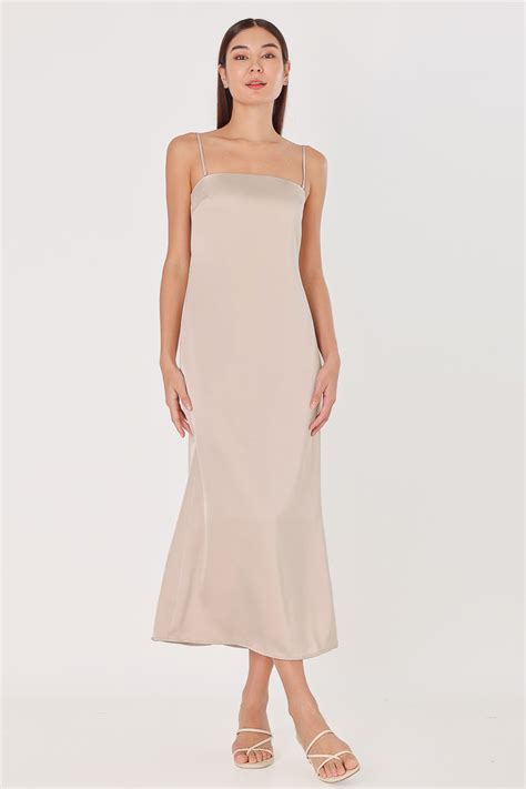 Mabel Padded Satin Back Slit Two Way Column Maxi Dress Champagne Lovet