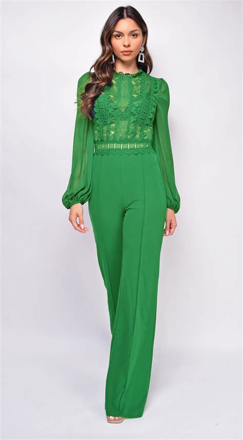Nerine Crochet Lace Mesh Jumpsuit Kelly Green Emprada