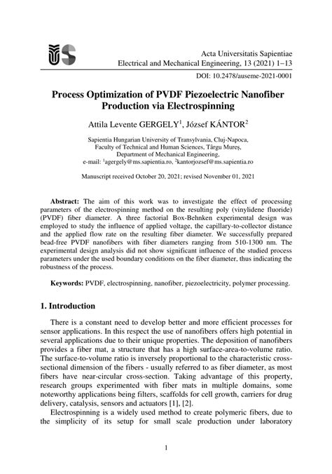 PDF Process Optimization Of PVDF Piezoelectric Nanofiber Production Via Electrospinning
