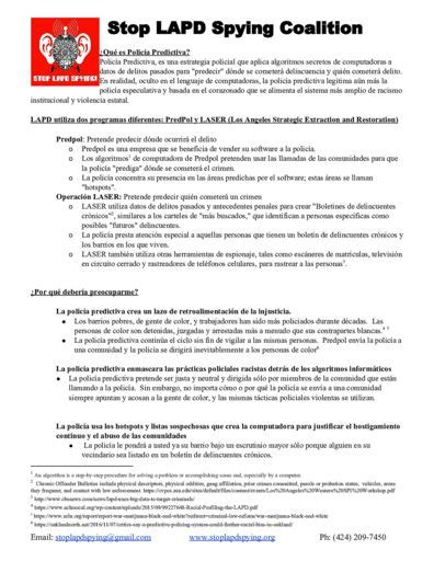 Predictive Policing Fact Sheet Spanish Stop Lapd Spying Coalition