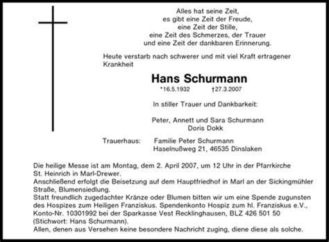 Traueranzeigen Von Hans Schurmann Trauer In Nrw De