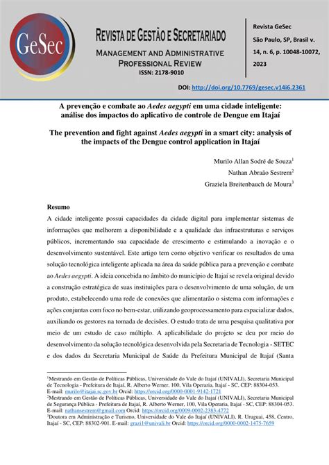 Pdf A Prevenção E Combate Ao Aedes Aegypti Em Uma Cidade Inteligente