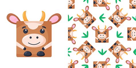 정사각형 암소 원활한 패턴 소의 얼굴이 있는 벡터 배경입니다 포장 아기 직물을위한 템플릿 벡터 일러스트레이션 개체 그룹에 대한 스톡 벡터 아트 및 기타 이미지 Istock