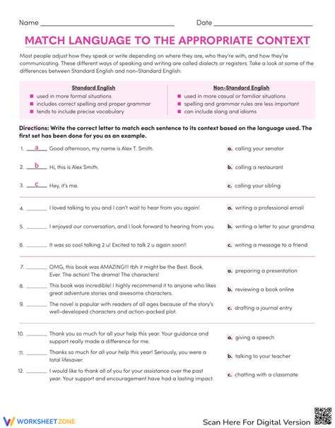 match language to the appropriate context worksheet