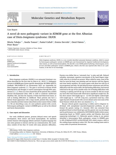 Pdf A Novel De Novo Pathogenic Variant In Kdm3b Gene At The First