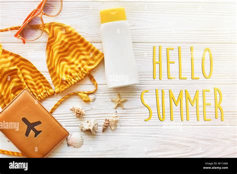 Hello Summer Text Vacation Concept Flat Lay Yellow Swimsuit